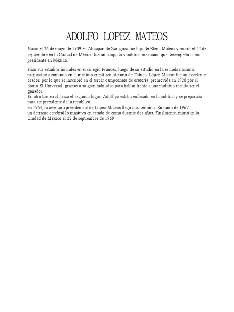 Biografia Adolfo Lopez Mateos | PDF | Ciencias sociales | Historia