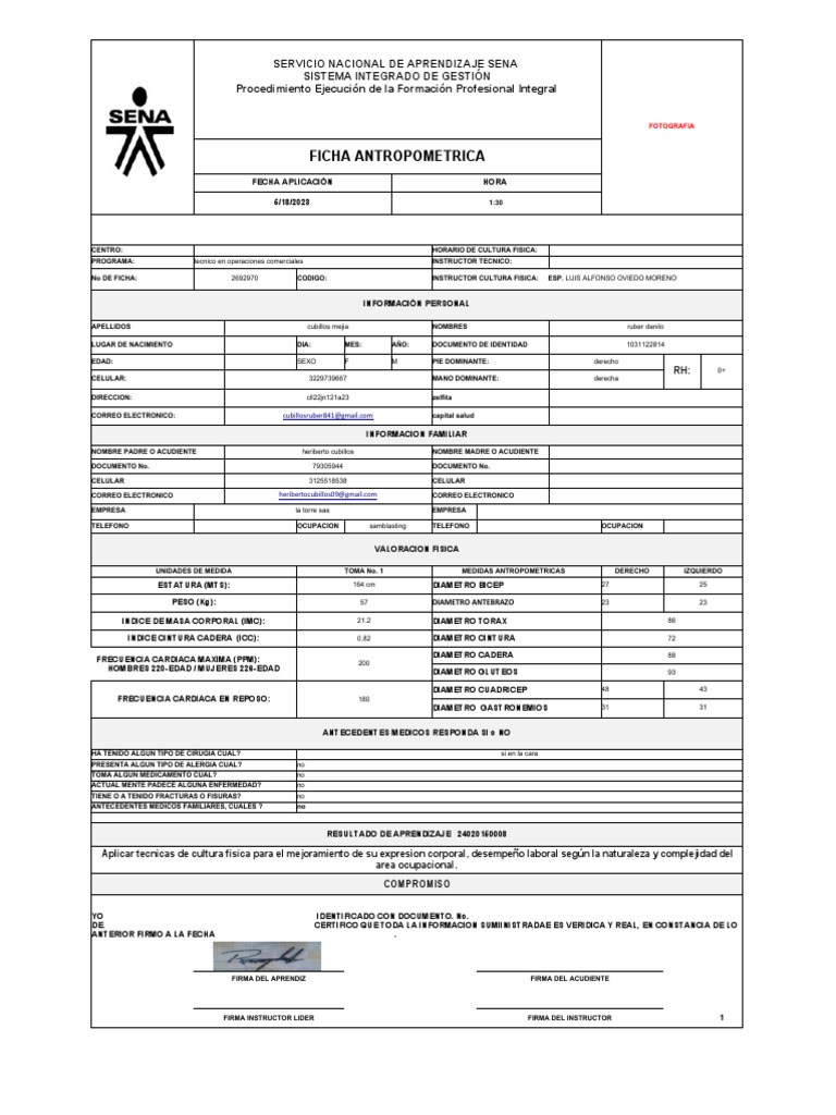 FICHA ANTROPOMETRICA SENA R | PDF