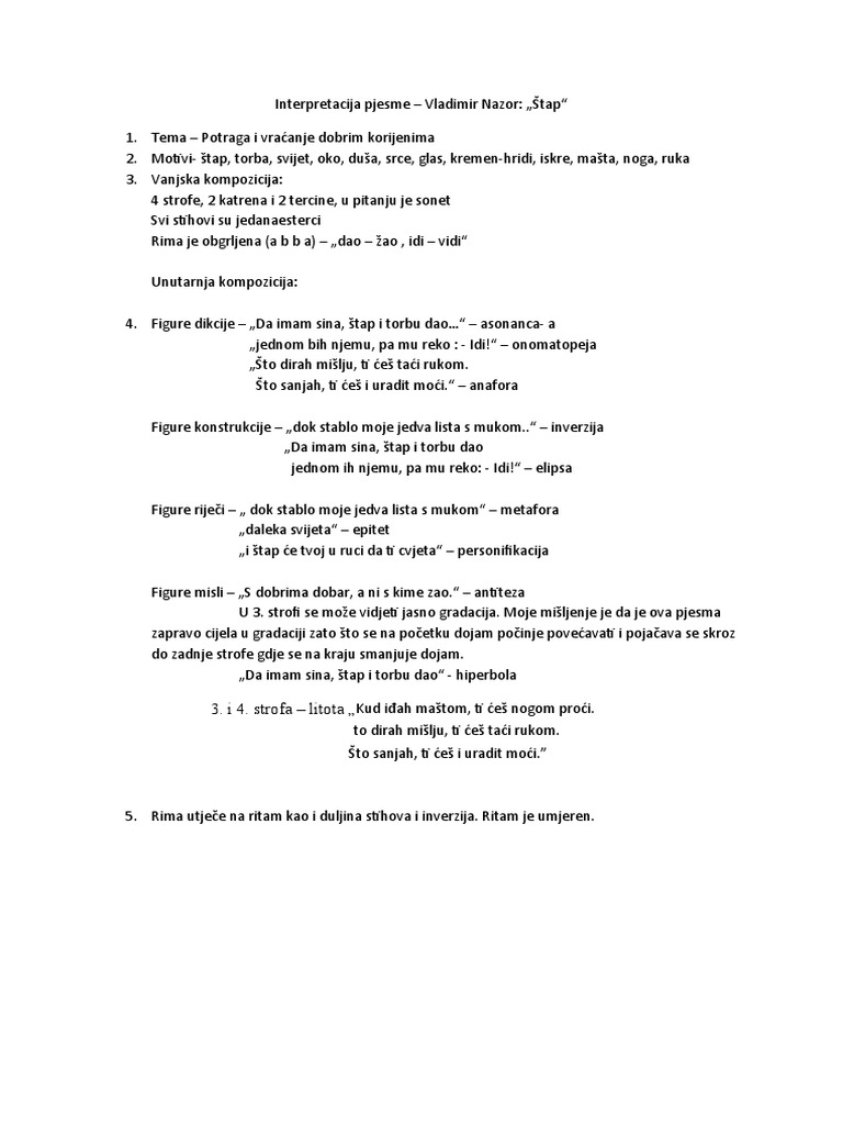 Interpretacija Pjesme - Štap | PDF