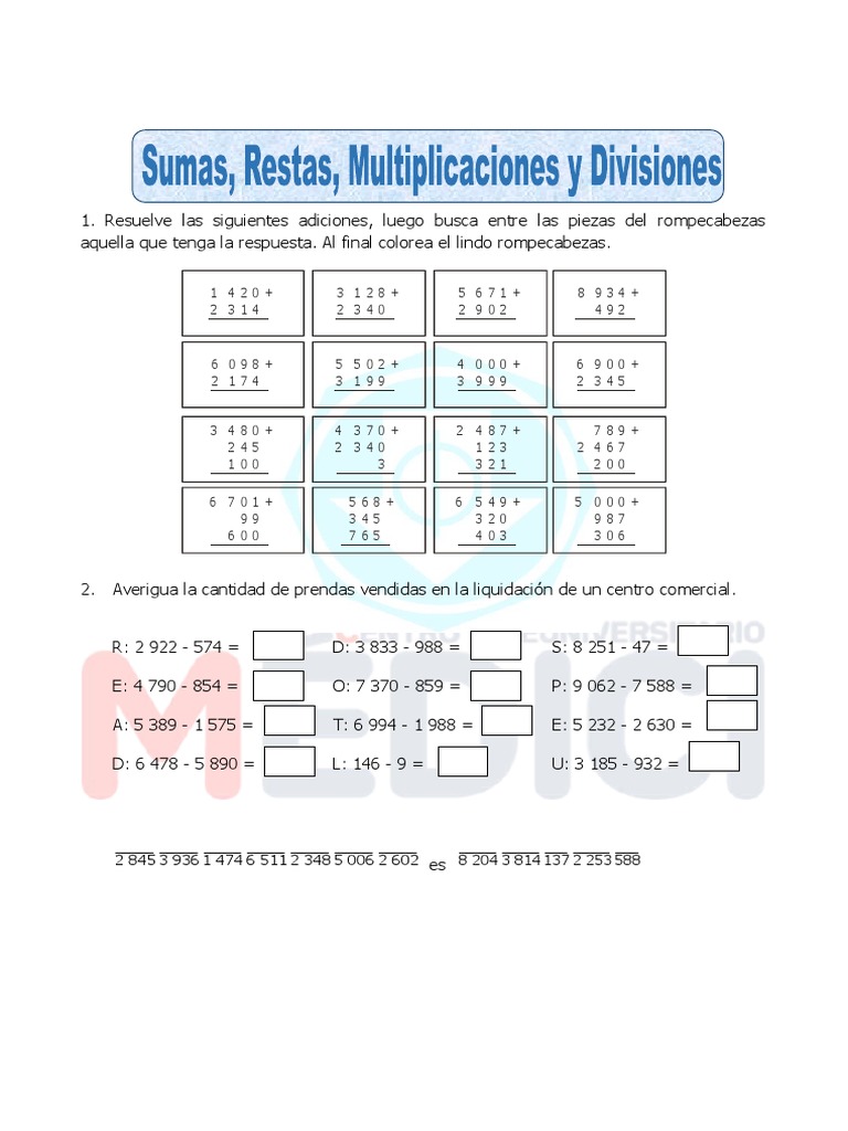 Ficha Sumas Restas Multiplicaciones y Divisiones para Cuarto de ...