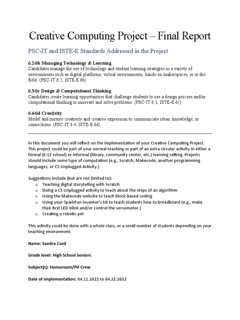 Creative Computing Project - Final Report Template - Spring 22 1 | PDF ...