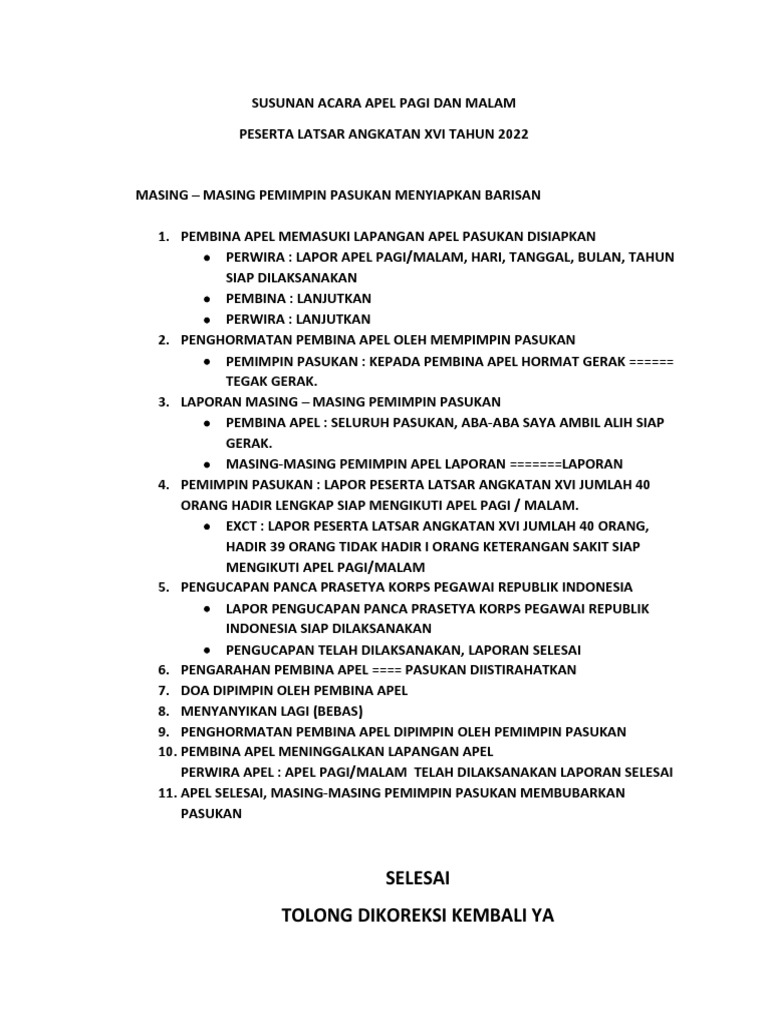 Susunan Acara Apel Pagi Dan Malam | PDF
