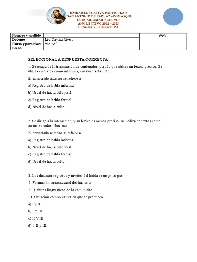 Deber 9no Niveles de La Lengua | PDF | Blasfemia | Comunicación