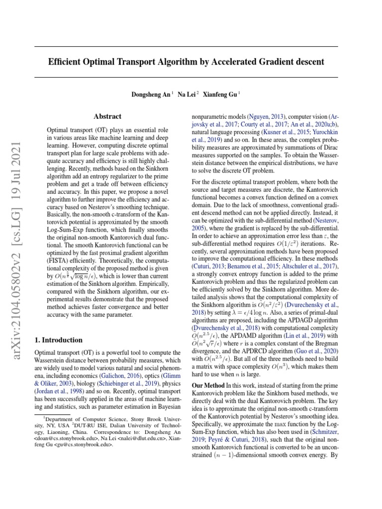 Efficient Optimal Transport Algorithm By Accelerated Gradient Descent Pdf Science And Mathematics