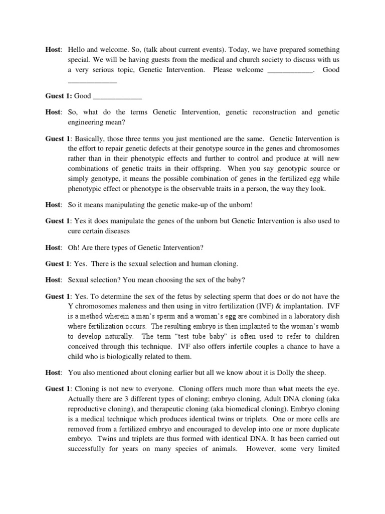 Script for Talk Show | Cloning | In Vitro Fertilisation