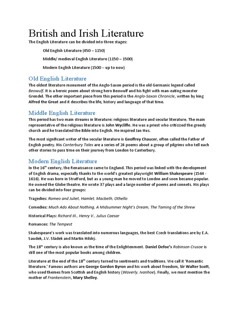 Overview of British and Irish Literature | PDF | History | General Fiction