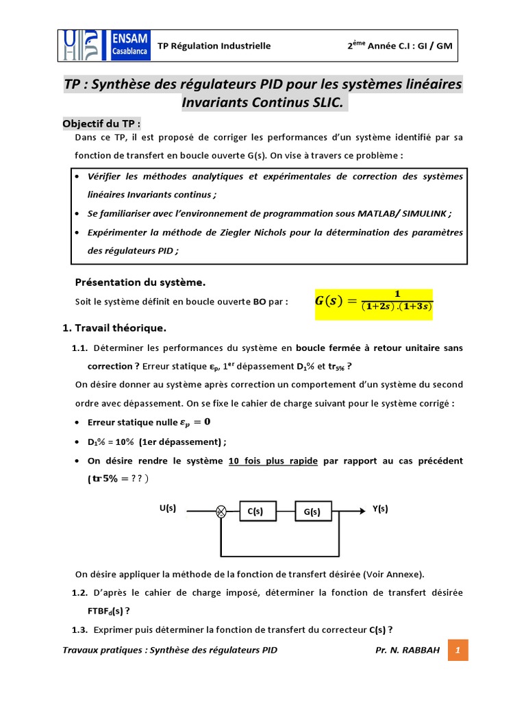 Synthèse des régulateurs PID sous MATLAB | PDF | Automatisation ...