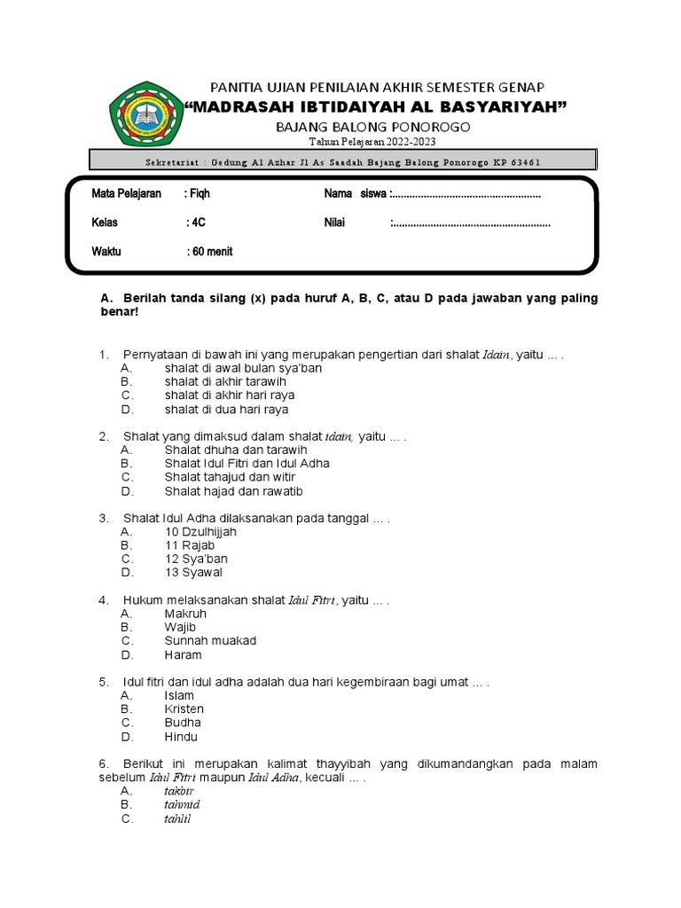Soal Fikih Kelas 4 2022-2023 P.ubaid | PDF