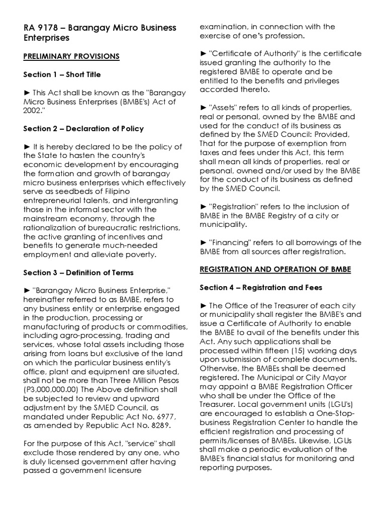 RA 9178 - Barangay Micro Business Enterprises | PDF | Taxes | Loans