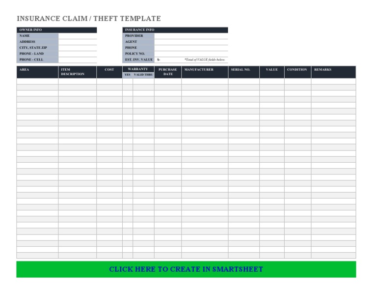 Insurance Claim / Theft Template: Click Here To Create in Smartsheet ...