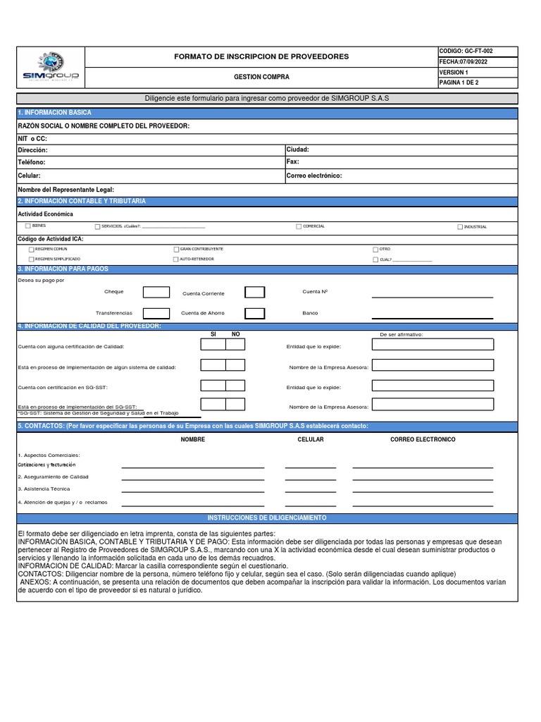 GC-FT-003 Formato de Inscripción de Proveedores | PDF | Oficina de Control de Activos Extranjeros