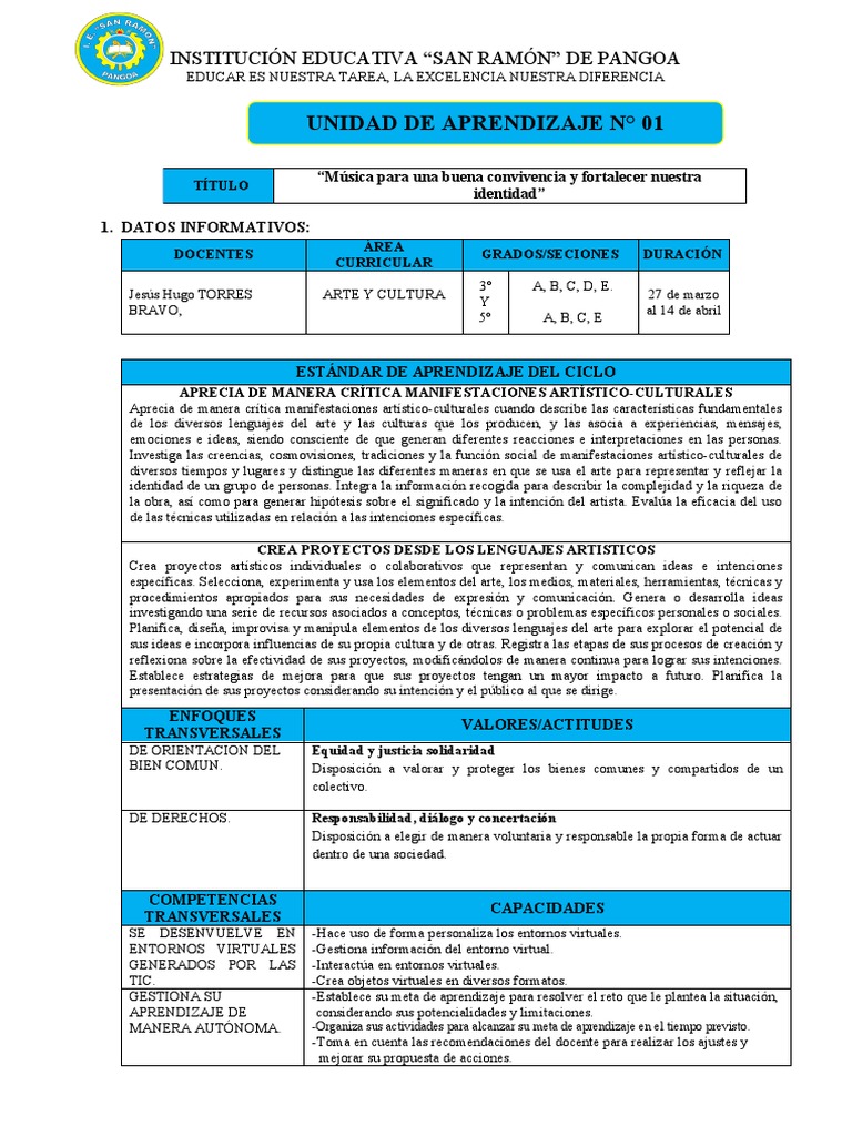 UNIDAD DE APRENDIZAJE 3° Y 5° SEC. 2023 ARTE Y CULTURA | PDF | Aprendizaje | Evaluación