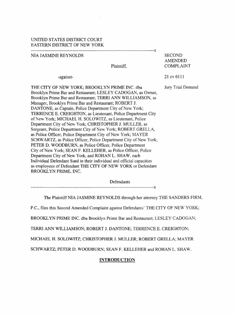 Nia Jasmine Reynolds v. City of New York, Et Al. (Second Amended Complaint) | PDF | Driving ...