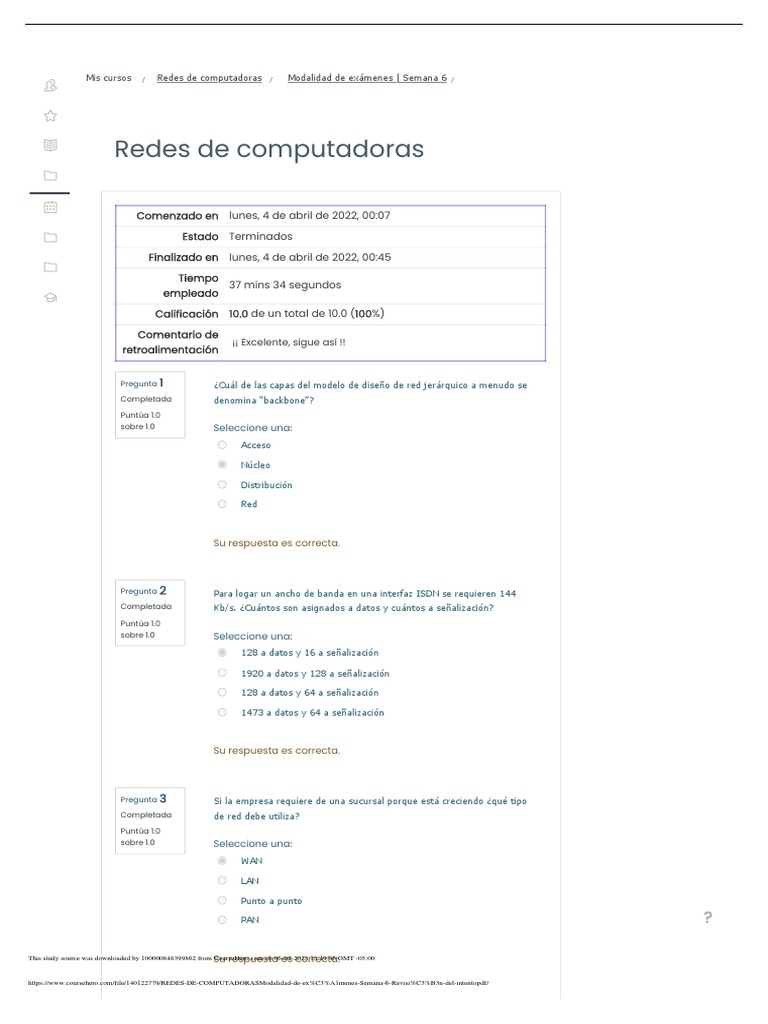 REDES de COMPUTADORAS - Modalidad de Ex Menes Semana 6 Revisi N Del Intento PDF | PDF
