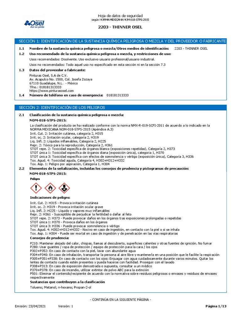 hoja de seguridad thinner | PDF | Química | Ciencias fisicas