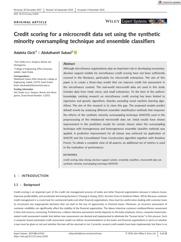 Expert Systems - 2018 - Gici - Credit Scoring For A Microcredit Data Set Using The Synthetic ...