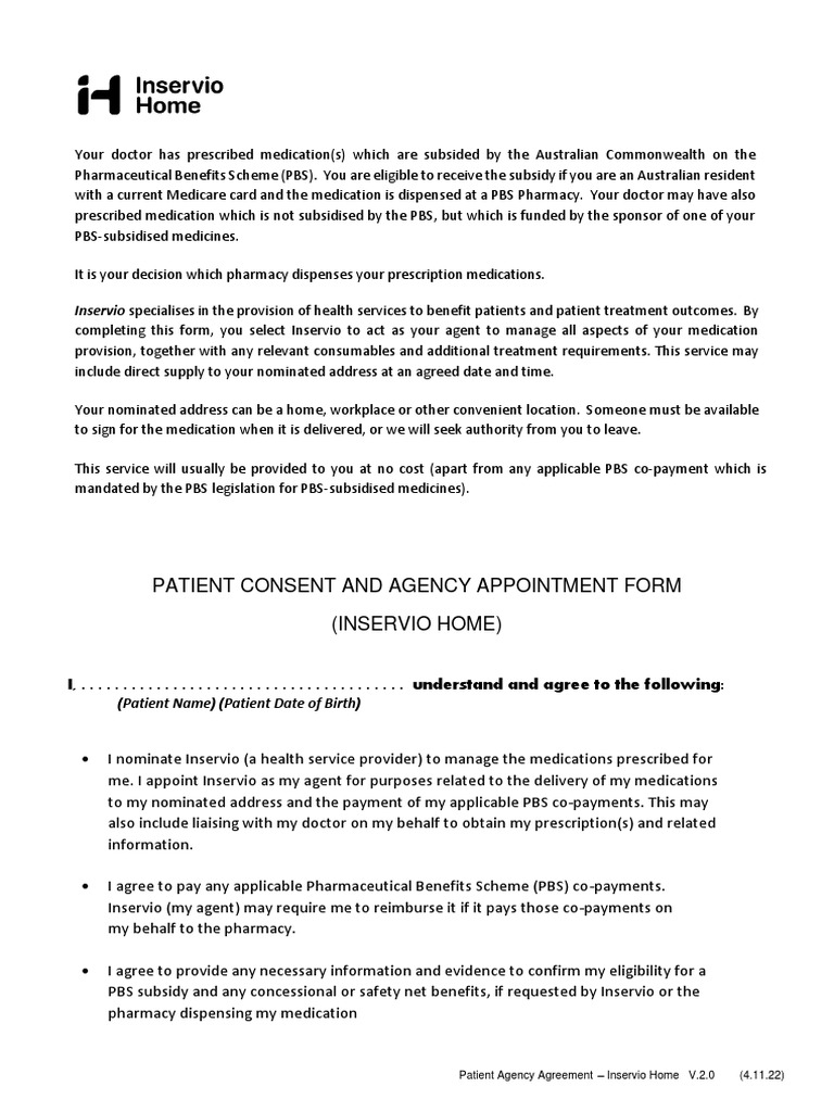 Patient Agency Agreement - Inservio Home (v2) | PDF | Prescription Drugs | Pharmaceutical Sciences