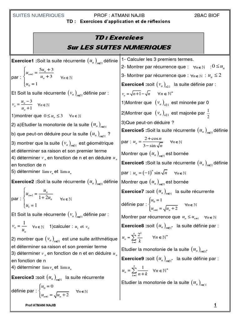 Exercices Corrigés sur les Suites Numériques 2BAC | PDF | Séquence ...