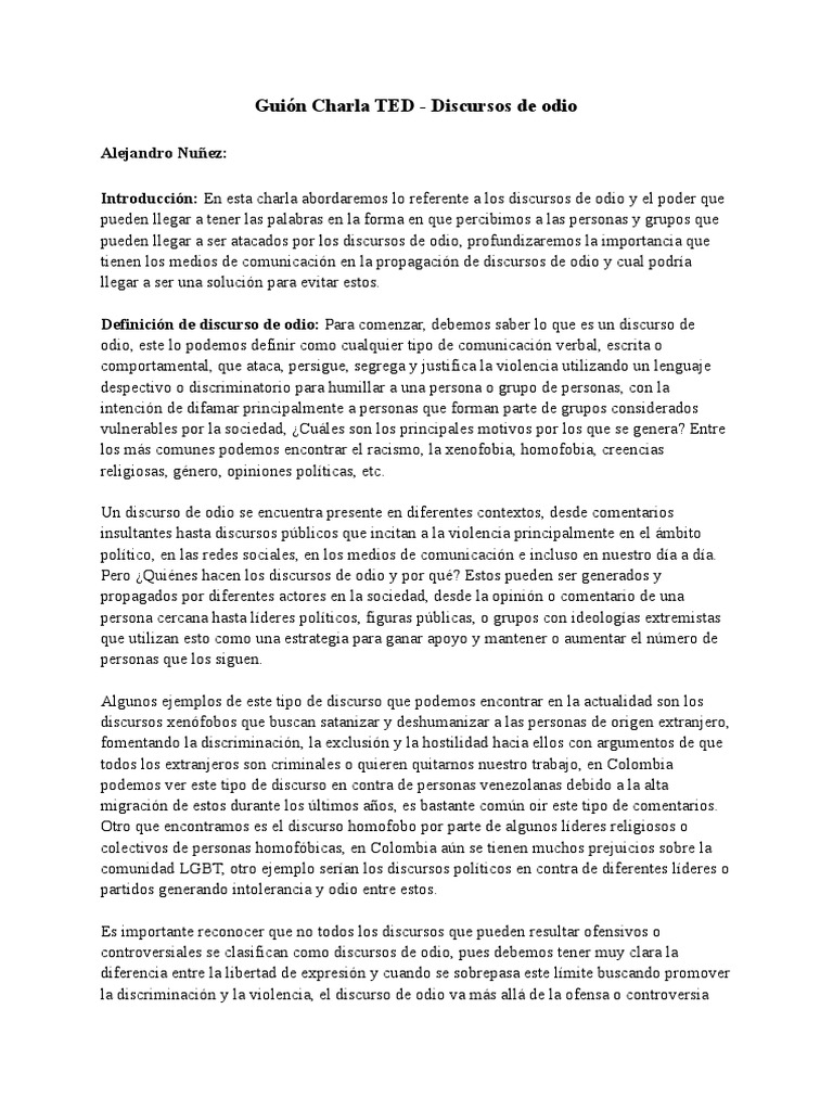 Guion de La Charla TED | PDF | El discurso del odio | Discriminación