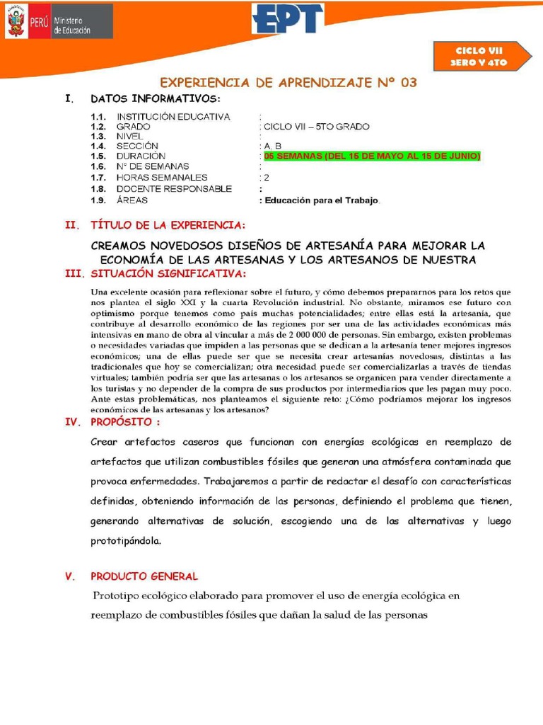 Experiencia de Aprendizaje N°03 - Ciclo Vii - 5to Grado - Ept - 2023 - 00001-1 | PDF