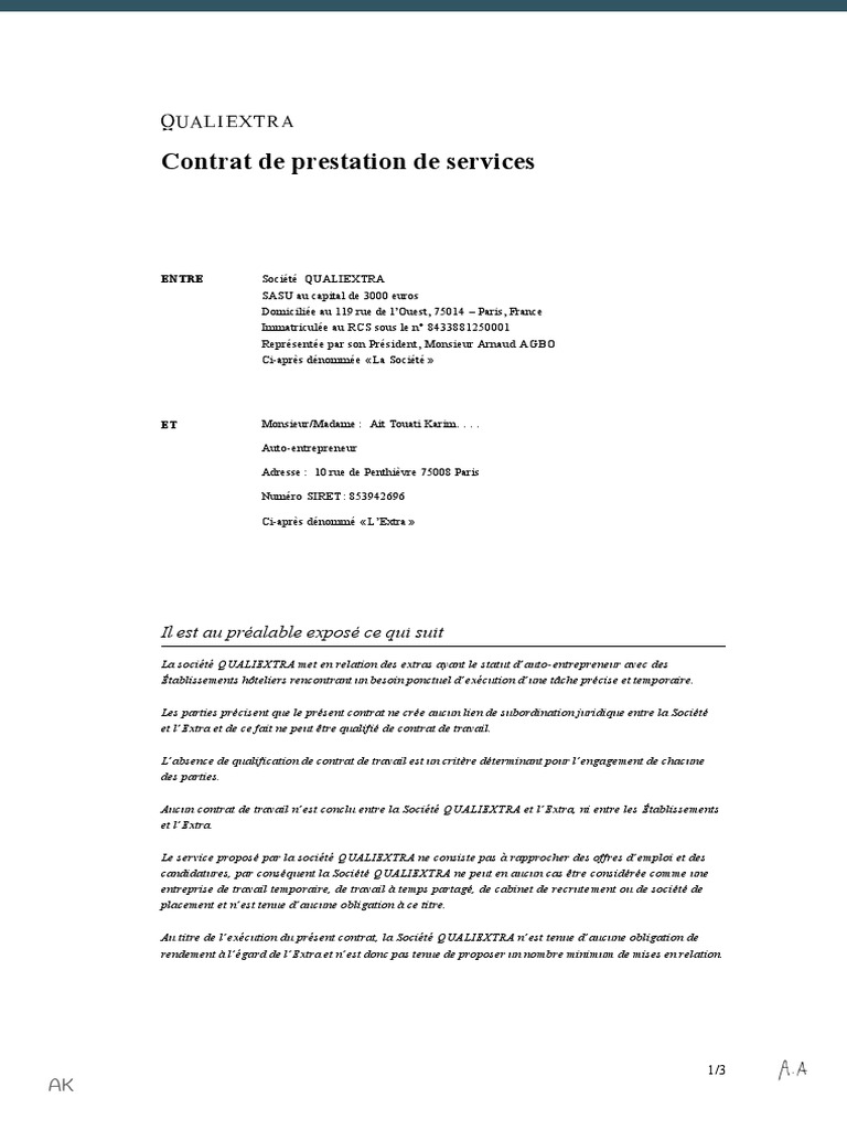 Contrat de prestation pour auto-entrepreneurs | PDF | Droits de ...