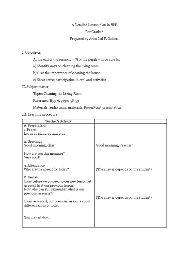 EPP Lesson Plan: Cleaning the Living Room | PDF | Lesson Plan ...