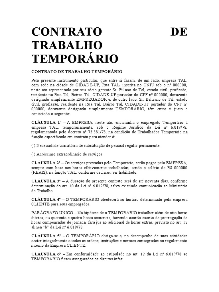 Contrato de Trabalho Temporário | PDF | Salário | Hora extra