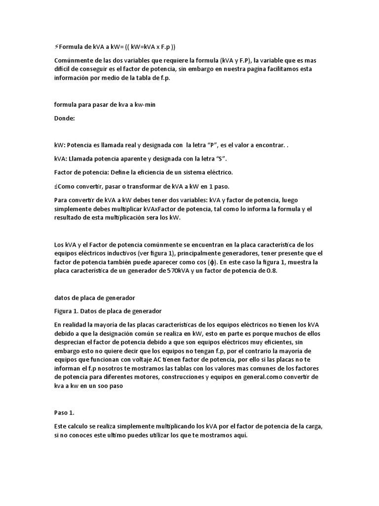 Formula de kVA A KW | PDF | Energia electrica | Cantidades fisicas