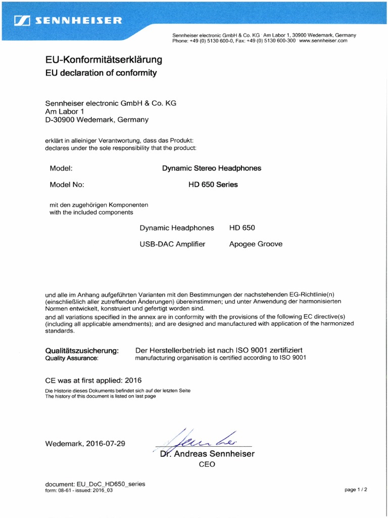 Eu - conformity-EU Declaration of Conformity HD 650-HD650-en | PDF