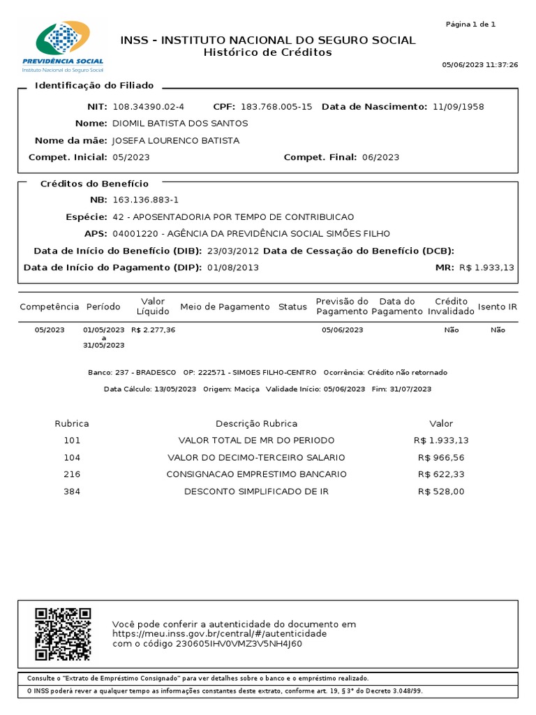Inss - Instituto Nacional Do Seguro Social Histórico de Créditos | PDF
