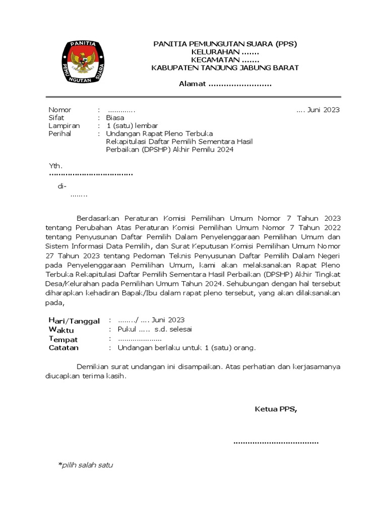 Undangan Rapat Pleno DPSHP Pemilu 2024 | PDF