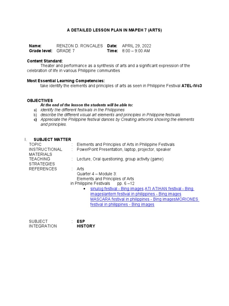 MAPEH Lesson Plan: Philippine Festivals | PDF | Cebu | Festival