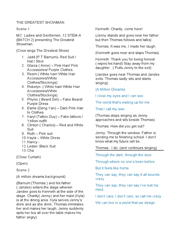Greatest Showman Script Theater | PDF