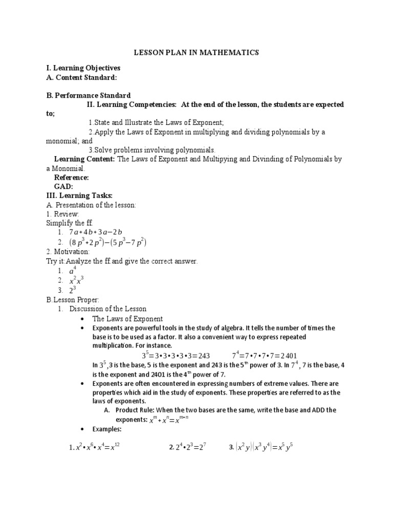 COT - SEMIDETAILED - LESSONPLAN Laws of Exponent | PDF
