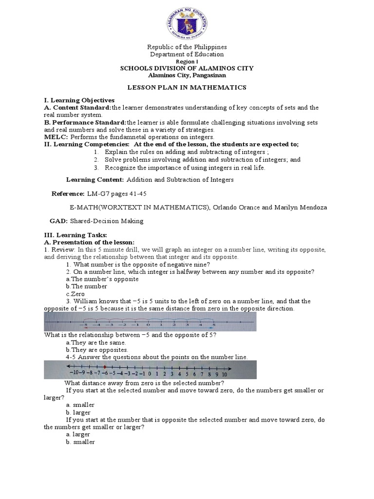 Lesson Plan: Adding & Subtracting Integers | PDF | Subtraction | Elementary Mathematics