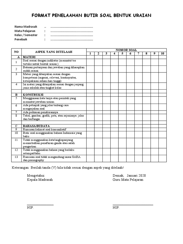 Format Telaah Butir Soal Uraian Dan PG | PDF | Seni