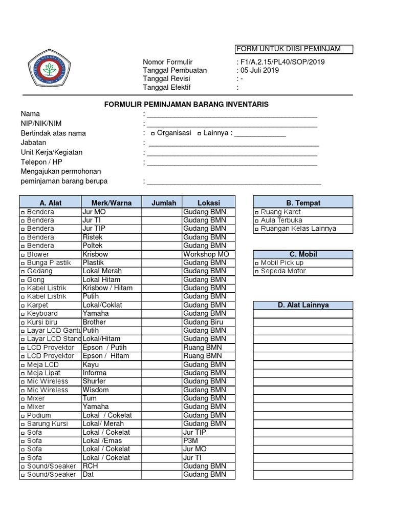 FORMULIR PEMINJAMAN BARANG INVENTARIS | PDF