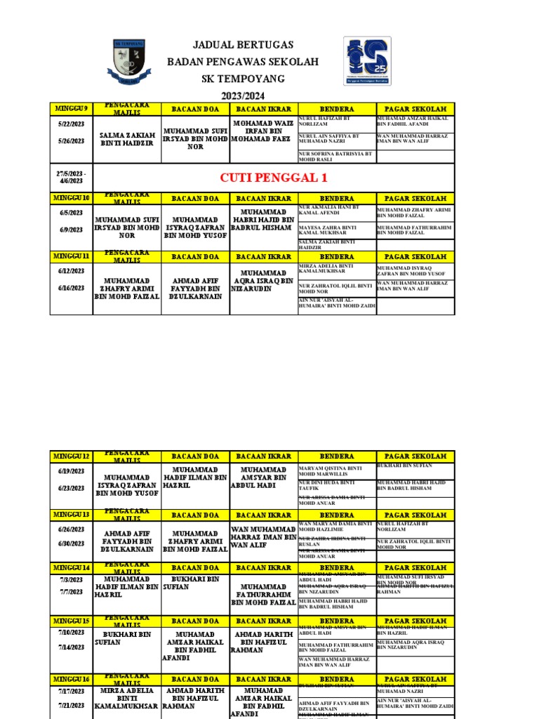 Jadual Bertugas Pengawas SKT 23 | PDF