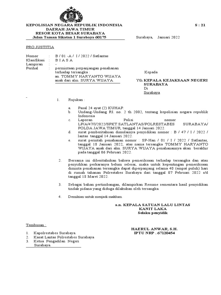 SRT Permintaan Perpanjangan Penahanan (S-21) | PDF