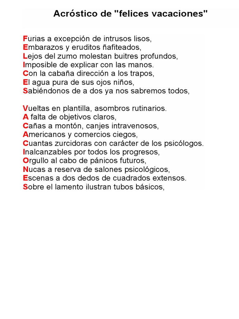 Acróstico: Felices Vacaciones Niños | PDF | Poesía