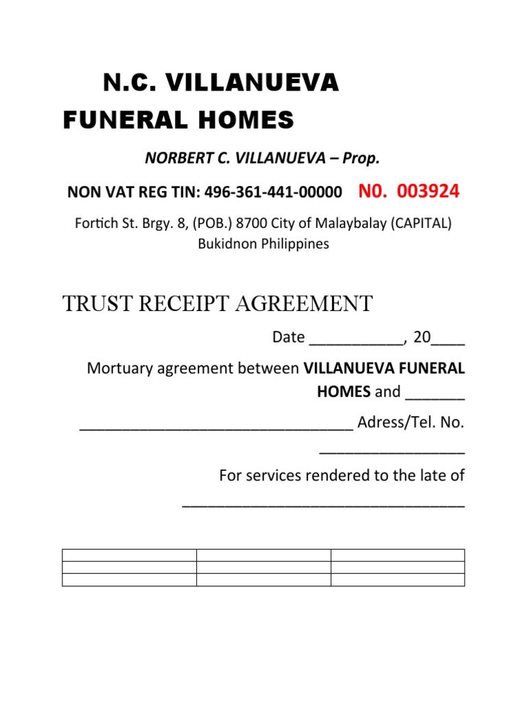 N.C. Villanueva Funeral Homes: Trust Receipt Agreement | PDF