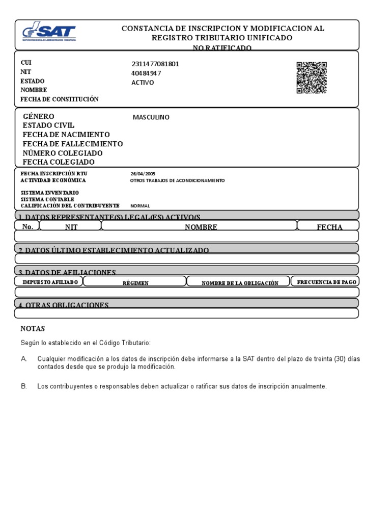 Constancia de Inscripcion Y Modificacion Al Registro Tributario ...