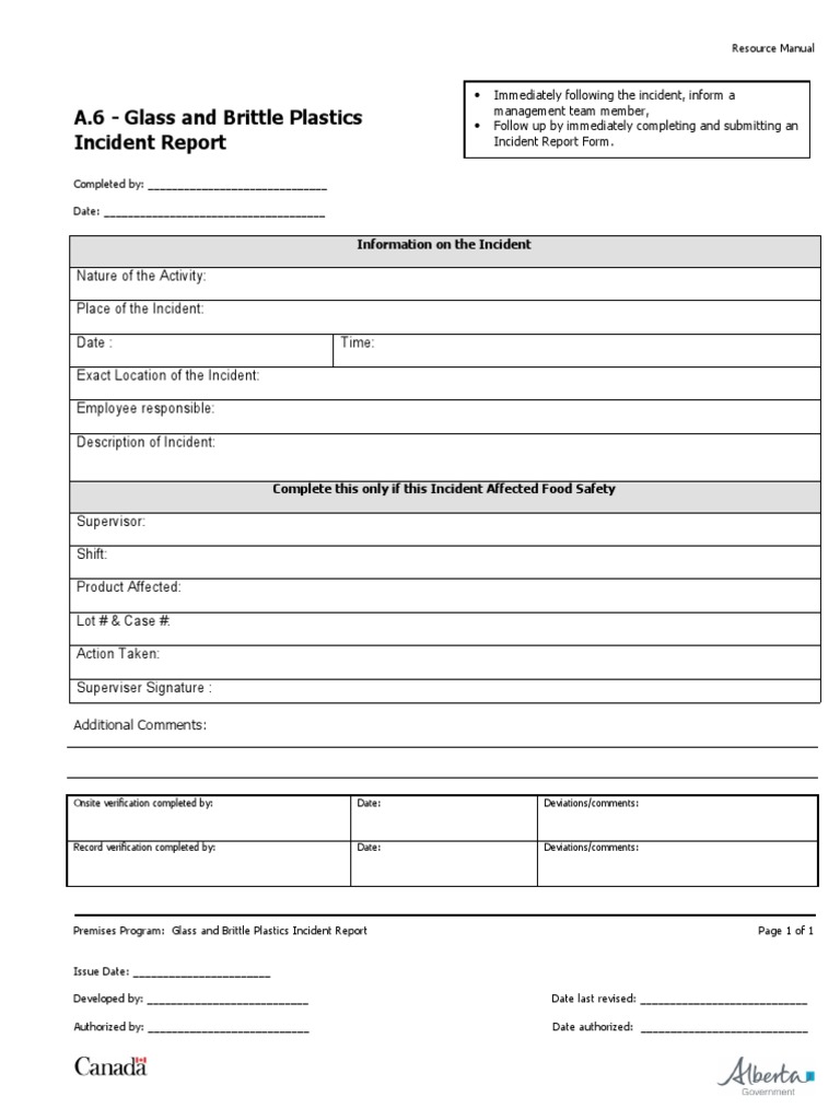 A6 Glass and Brittle Plastic Incident Report | PDF