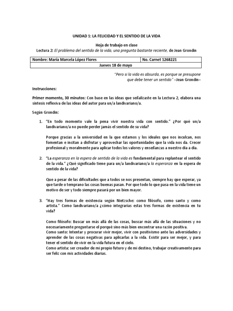 Hoja de Trabajo U1 Lectura El Problema Del Sentido de La Vida MARCELA ...