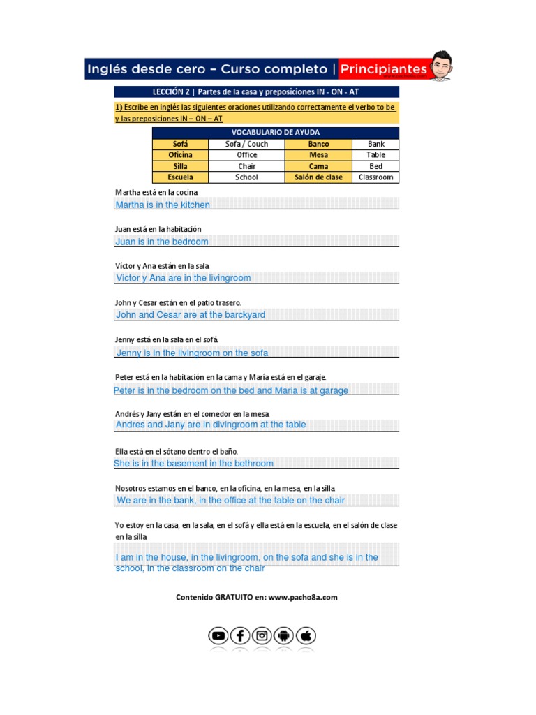 Lección 2 - Partes de La Casa y Preposiciones in On at | PDF