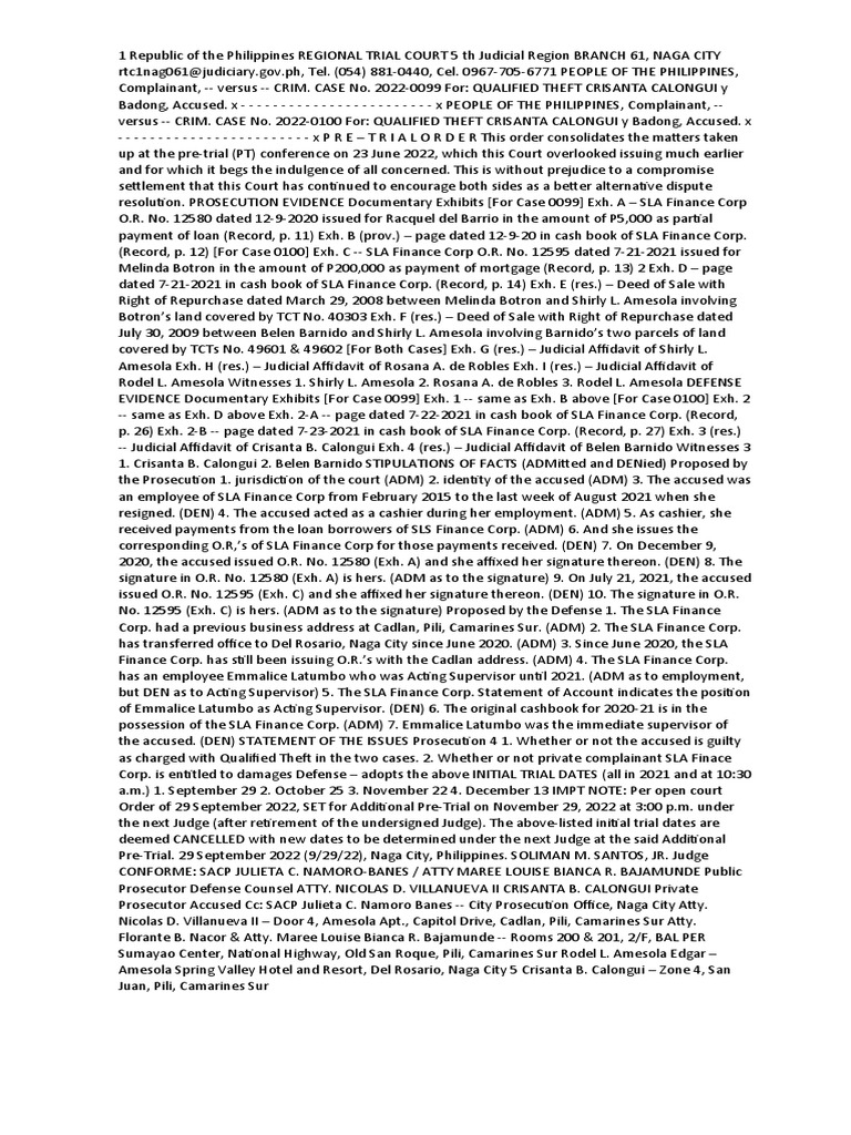 Pre-Trial Order for Qualified Theft Cases | PDF | Justice | Crime ...