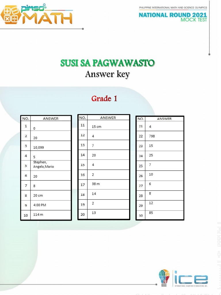 PIMSO Grade 1 Answer Key Mock | PDF