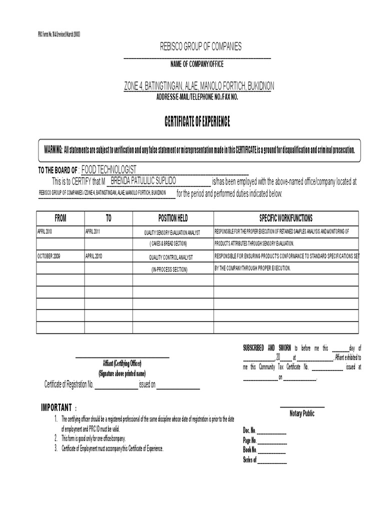 Certificate of Experience for PRC | PDF