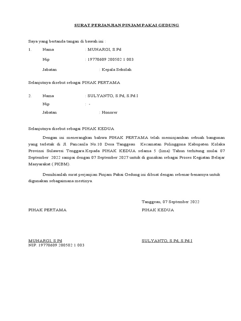Surat Perjanjian Pinjam Pakai Gedung | PDF