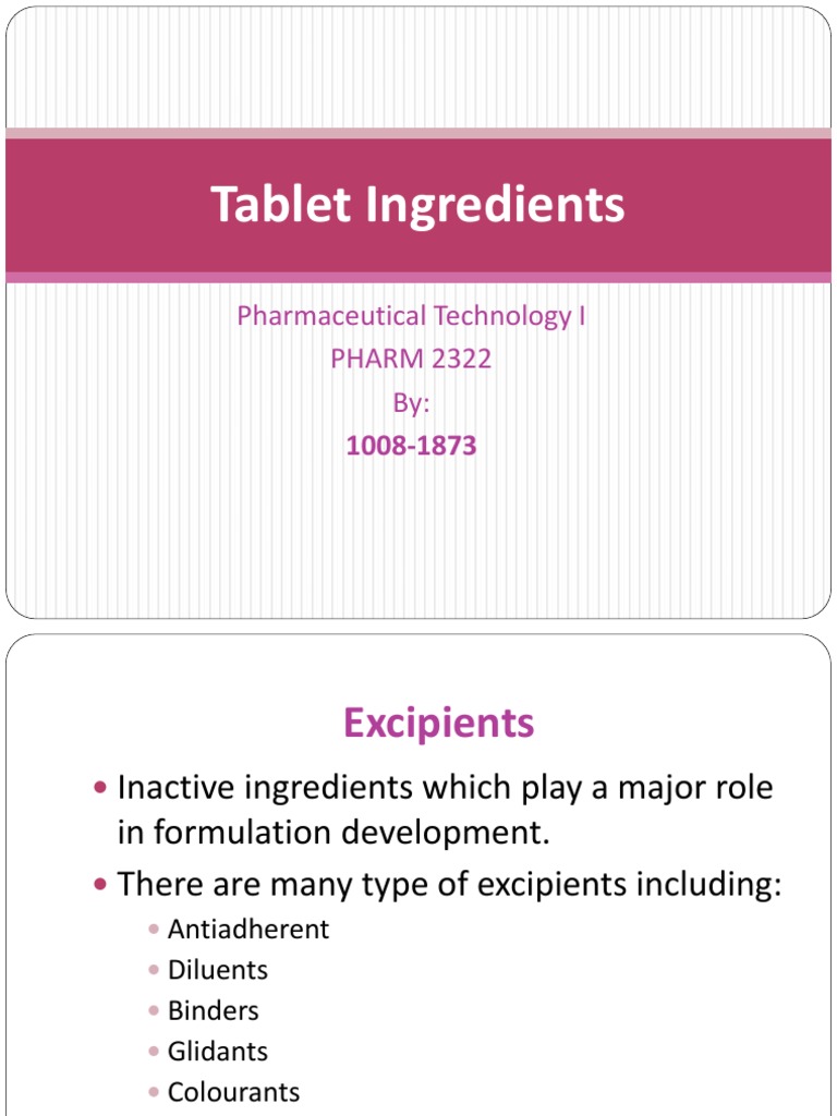 Tablet Ingredients: Pharmaceutical Technology I PHARM 2322 by | PDF ...